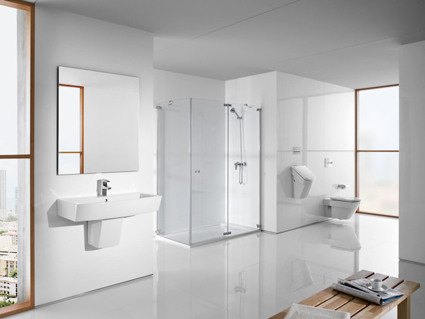 Biała łazienka z nowoczesną ceramiką Roca Hall - Domni.pl