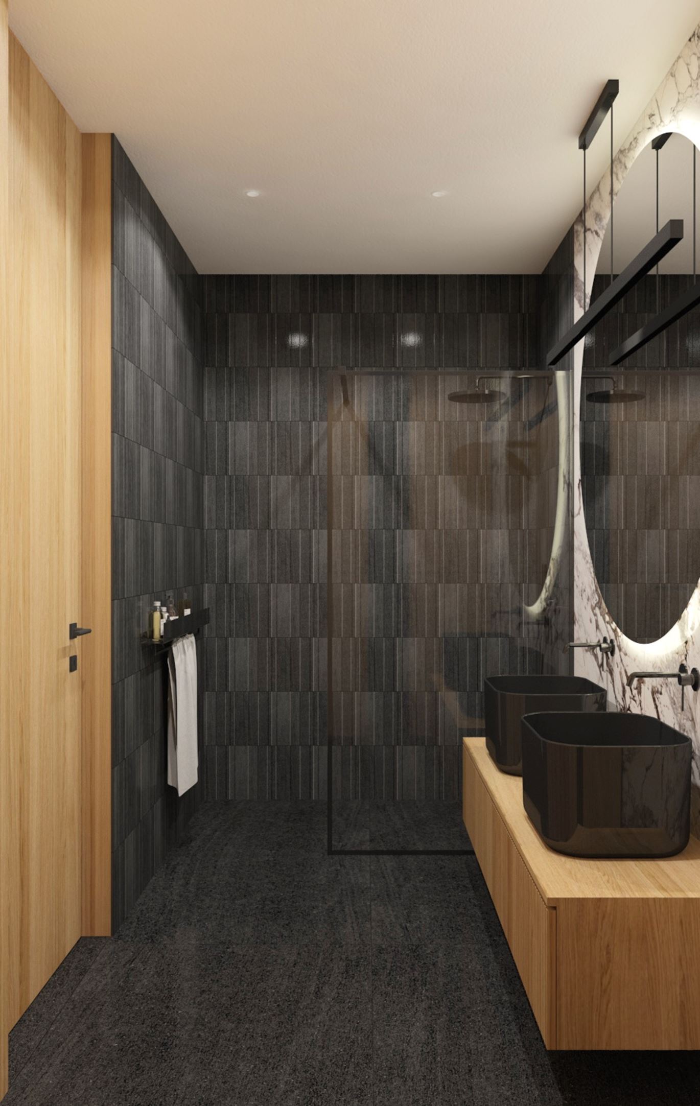 Aranżacja prysznica walk in w łazience z akcentami czerni - Domni.pl