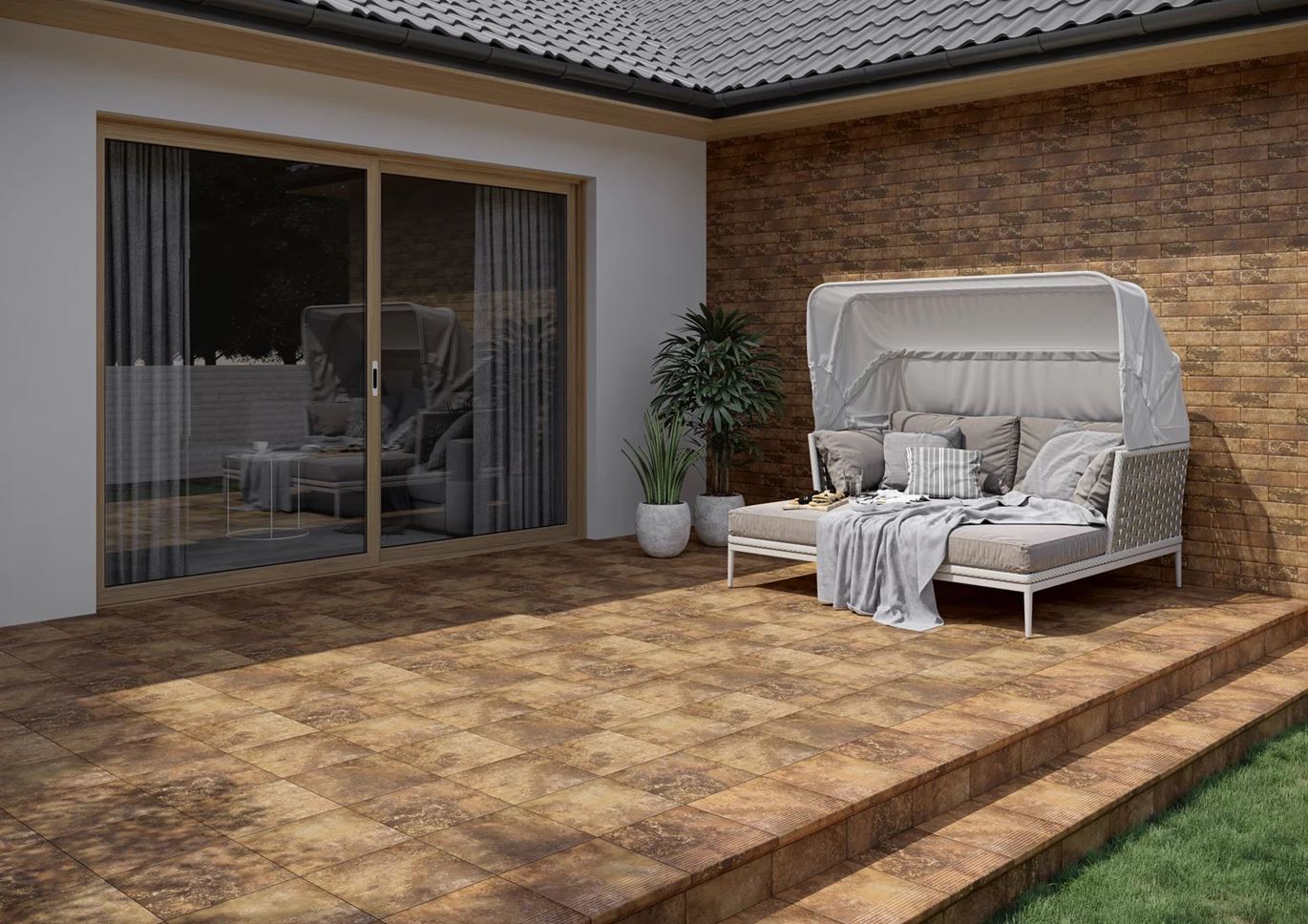 Duży taras z płytkami Paradyż Arteon Ochra - Domni.pl