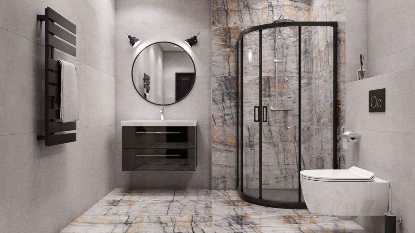 Łazienka wykończona szlachetnym Azario Bluestone - Domni.pl