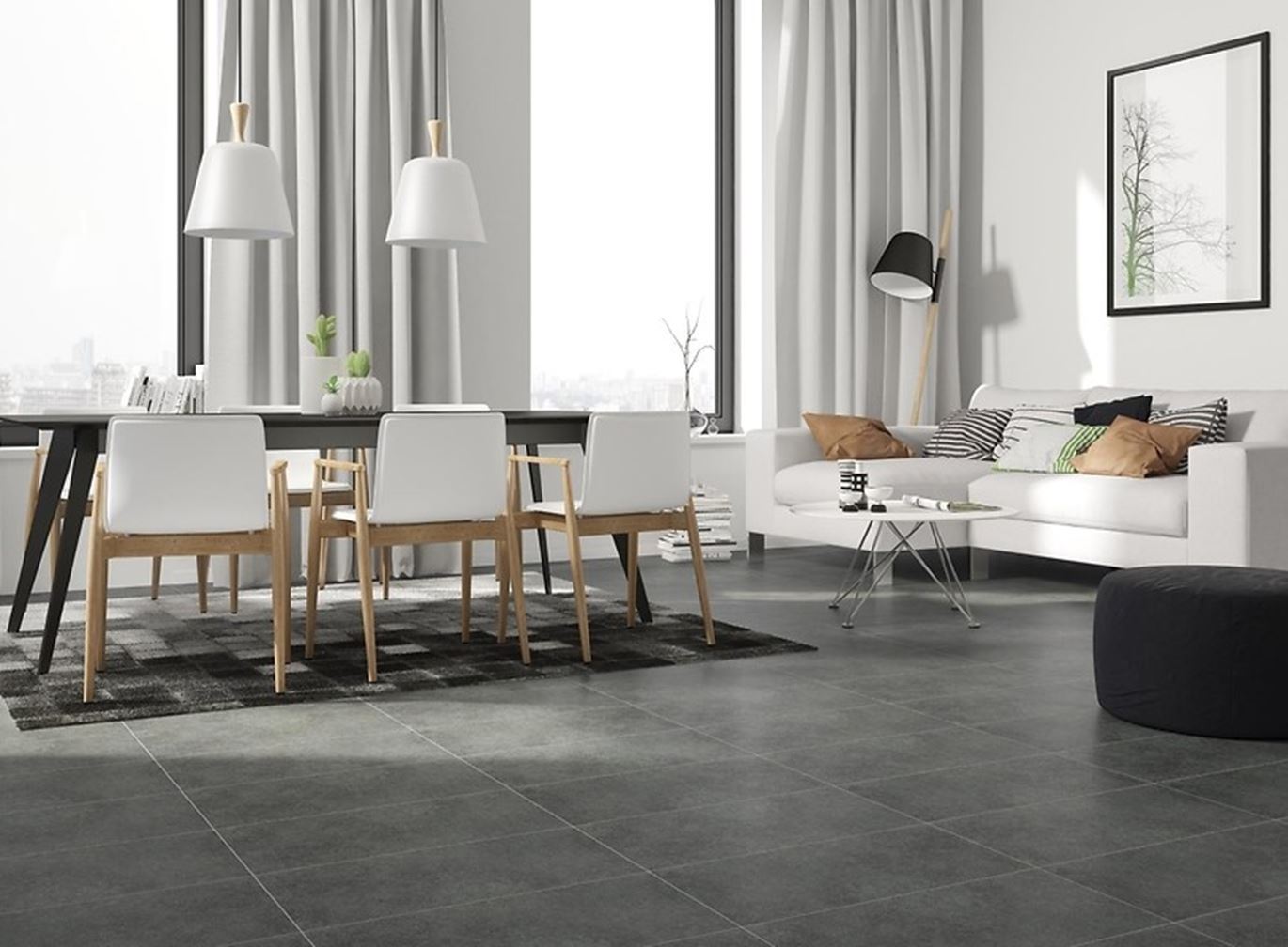 Salon z płytkami Cersanit Memories na podłodze - Domni.pl