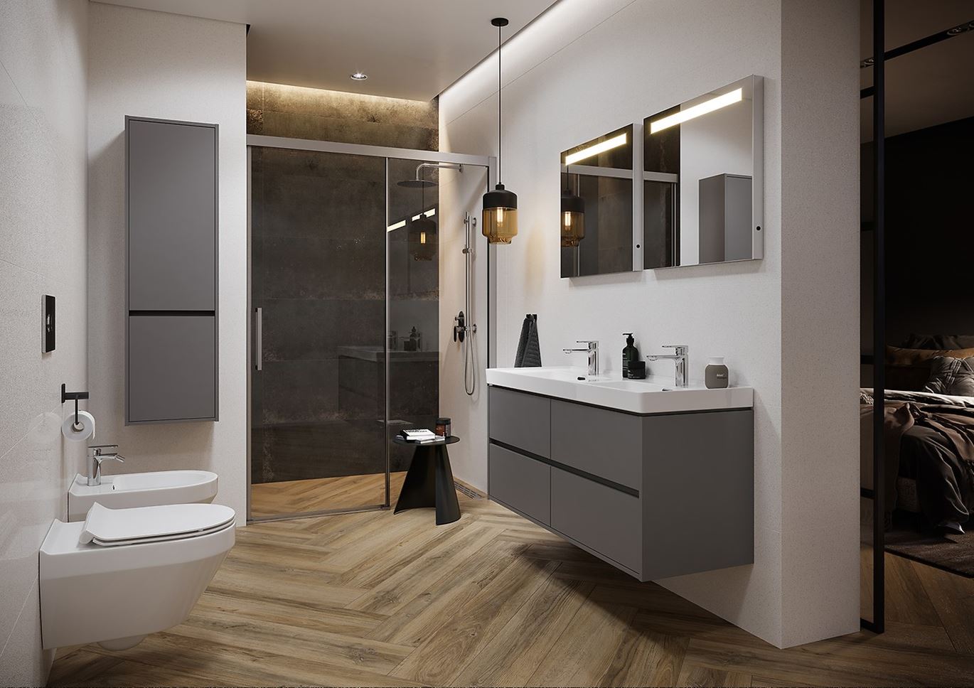 Kabina wnękowa w łazience z jodełką - Domni.pl