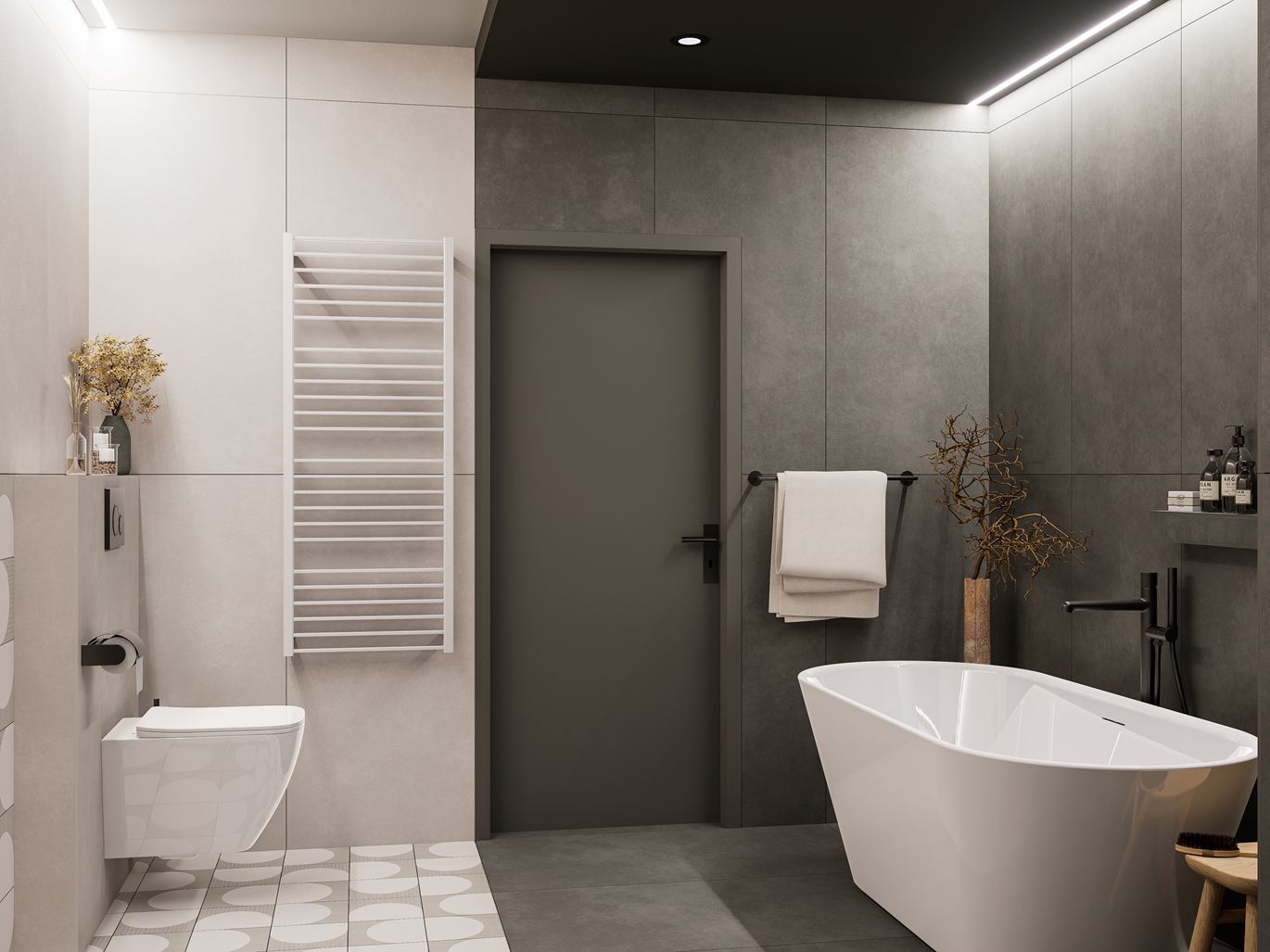 Łazienka z betonem w kolorze szarym i zielonym - Domni.pl