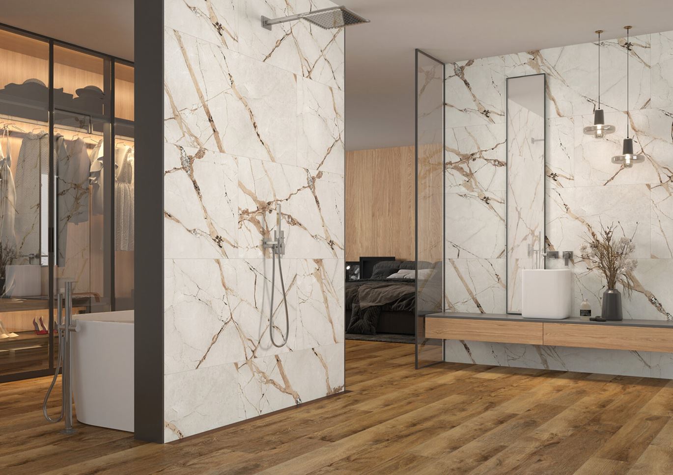 Łazienka z garderobą w jasnym kamieniu - Domni.pl