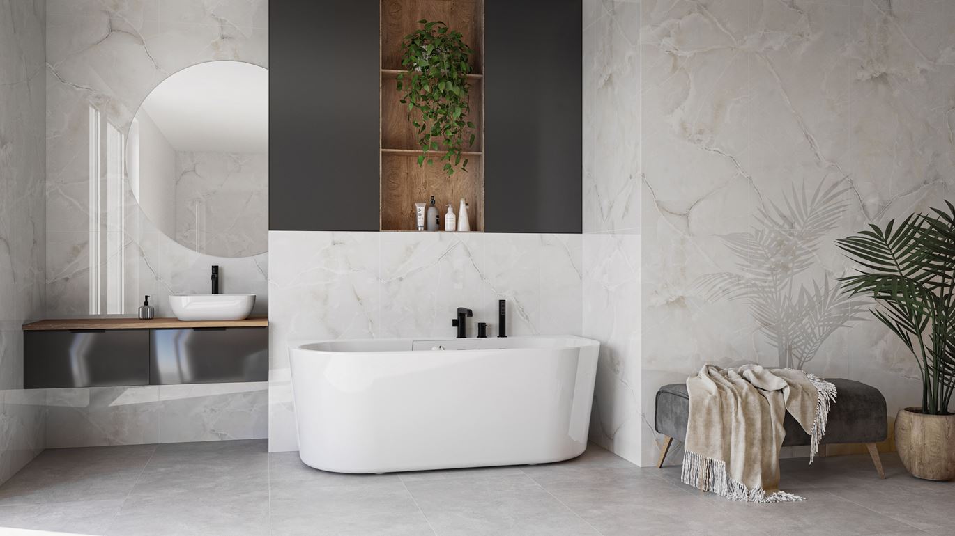 Łazienka w polerowanym gresie Azario Infinity Bell Onyx Whitef - Domni.pl