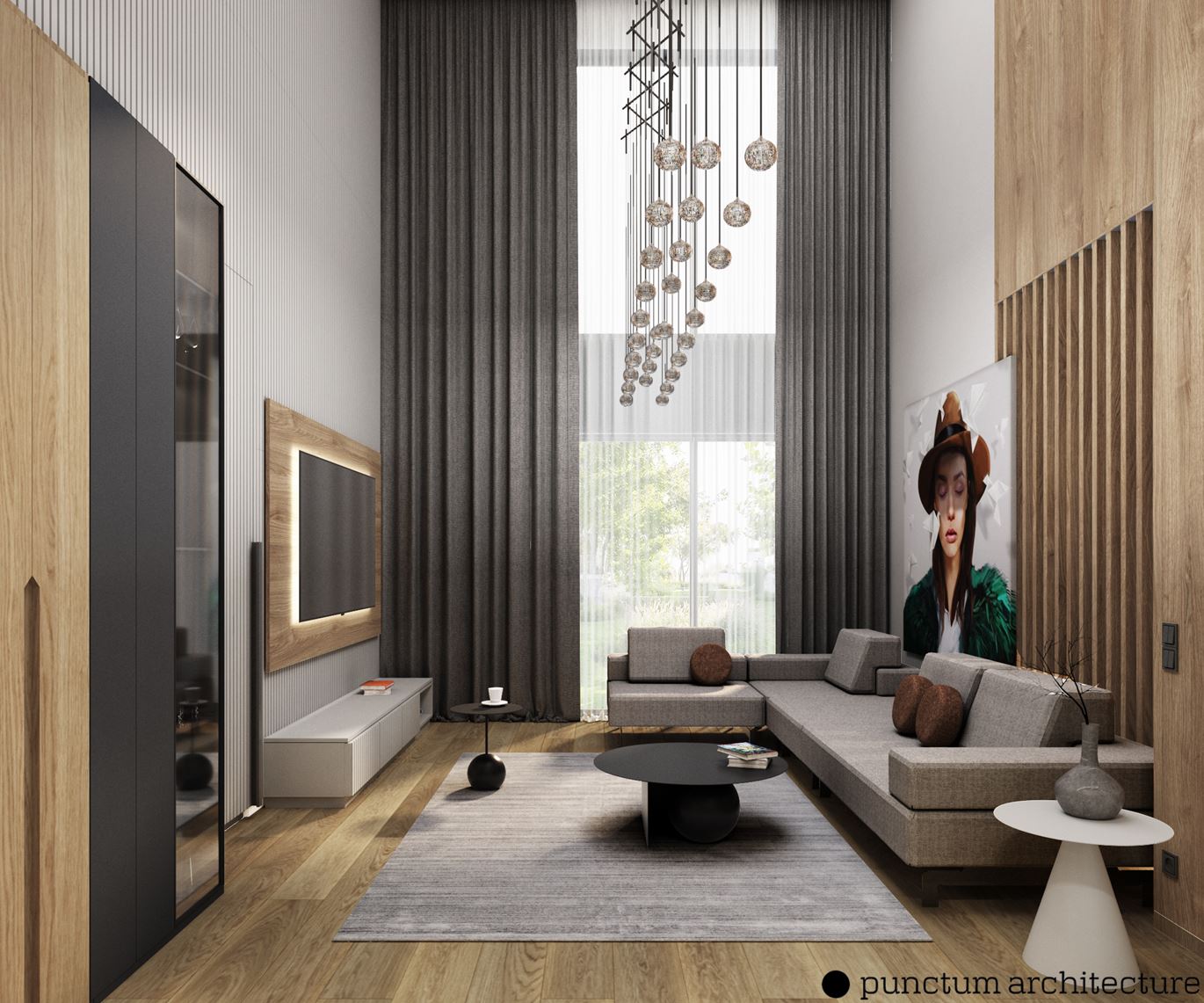 Biały, wysoki salon z okładziną drewnianą - Domni.pl