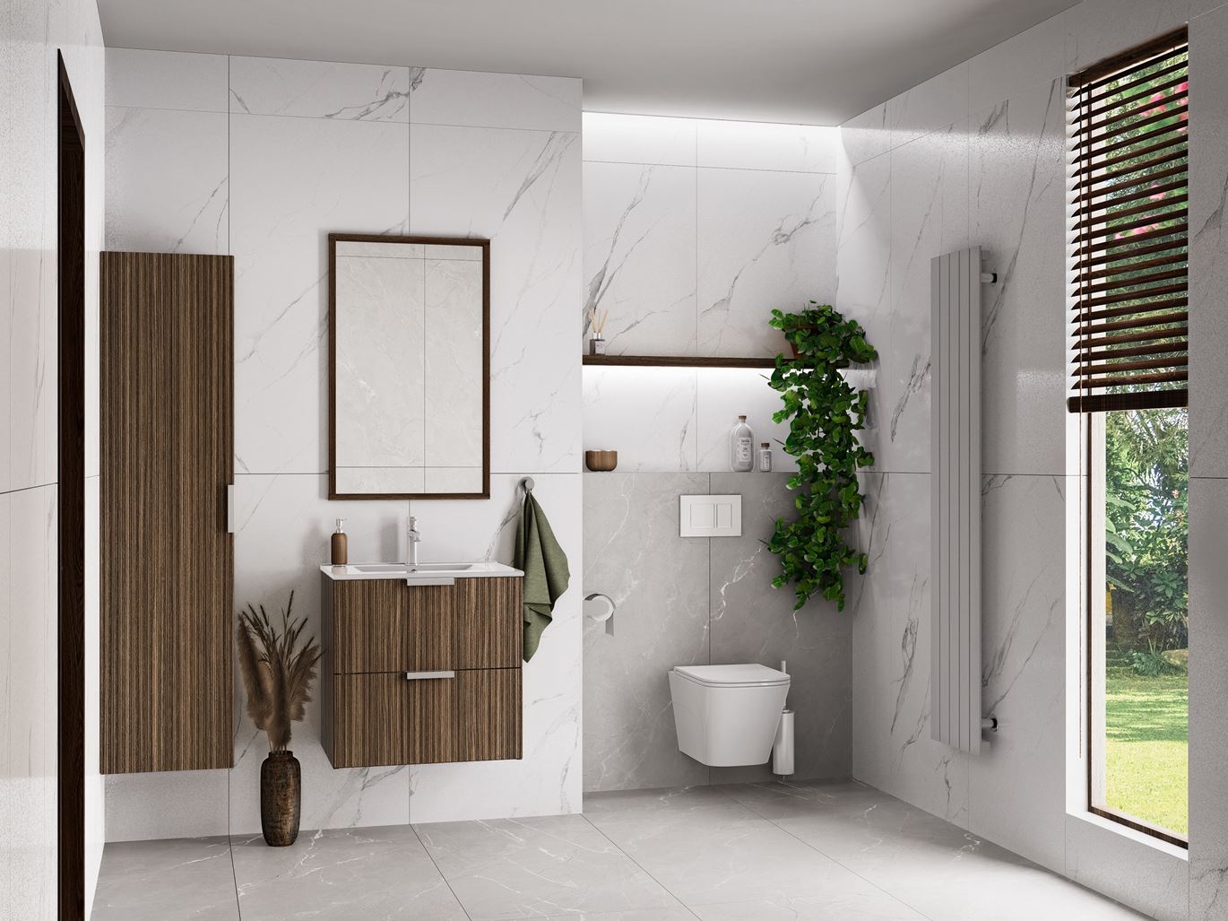 Nowoczesna łazienka z płytkami z motywem kamienia - Domni.pl