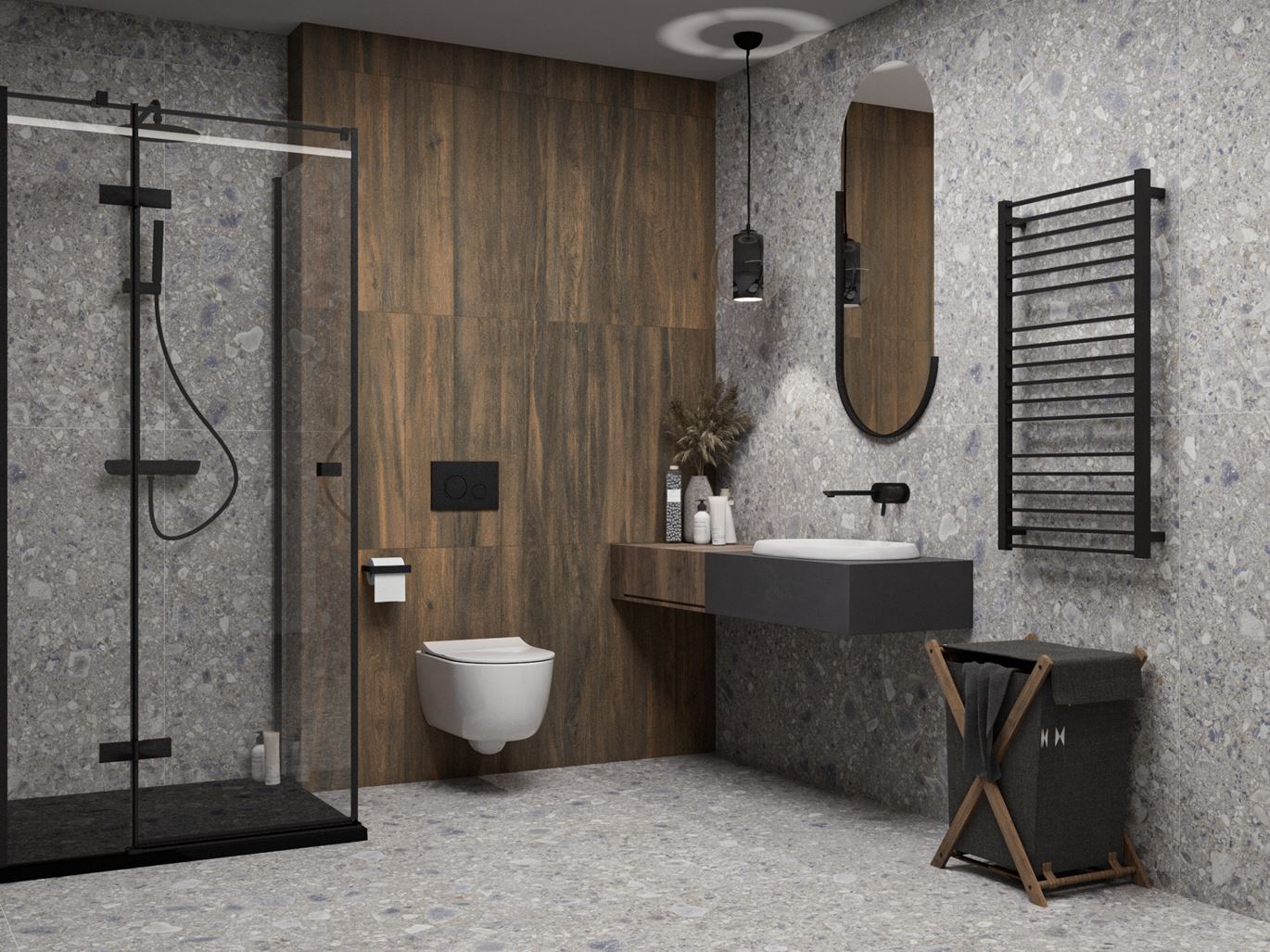 Szare terazzo i drewno w nowoczesnej łazience - Domni.pl