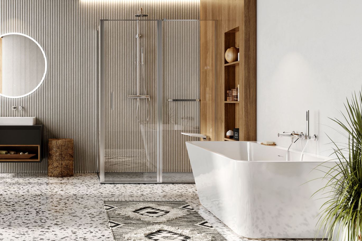 Drewniany akcent w szarej łazience - Domni.pl