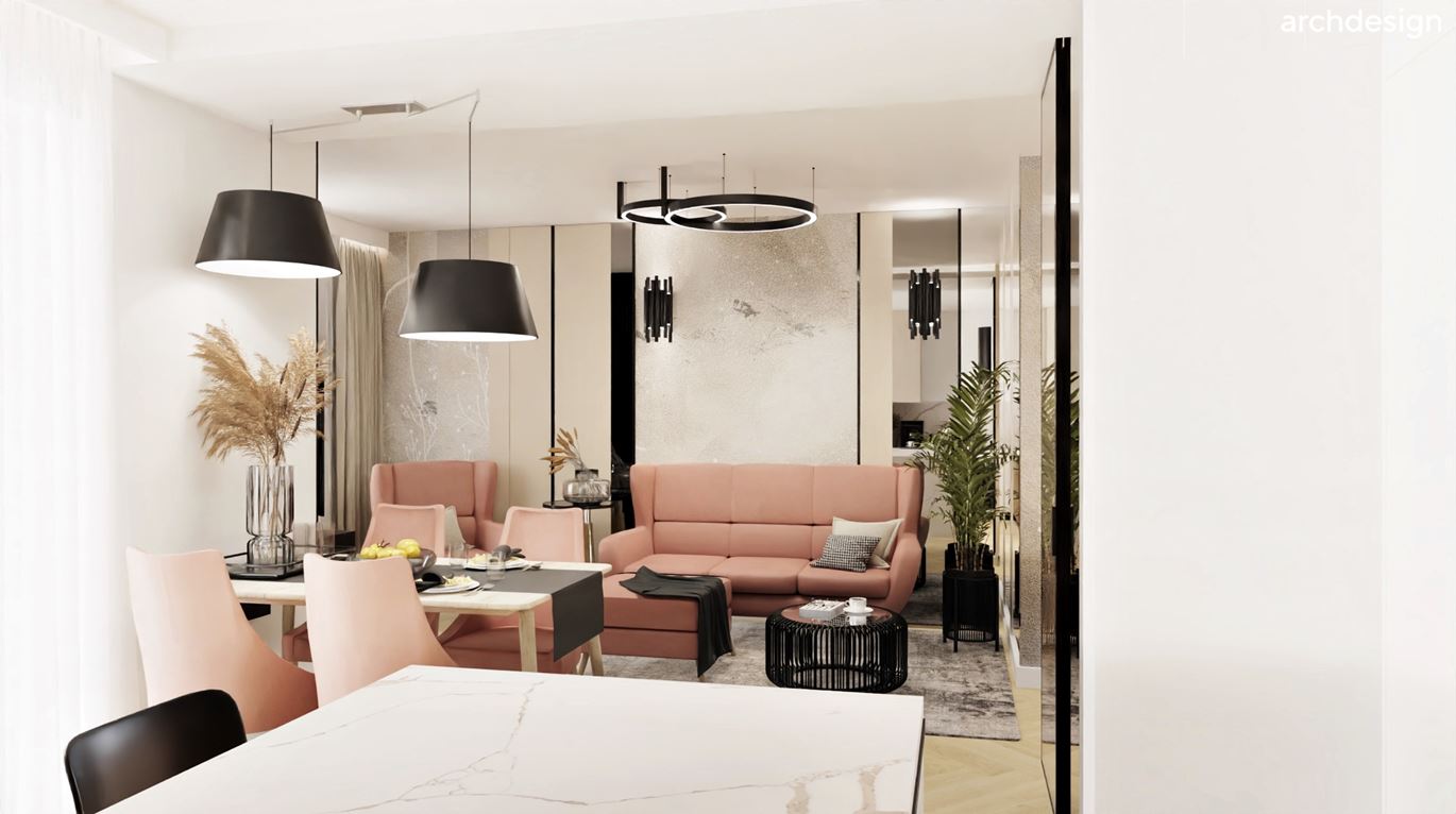 Różowe meble w strefie dziennej - Domni.pl