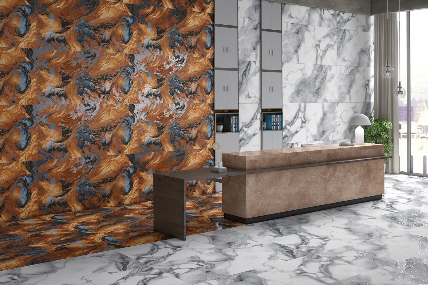 Wzorzysty gres Azario Volcano w aranżacji recepcji - Domni.pl