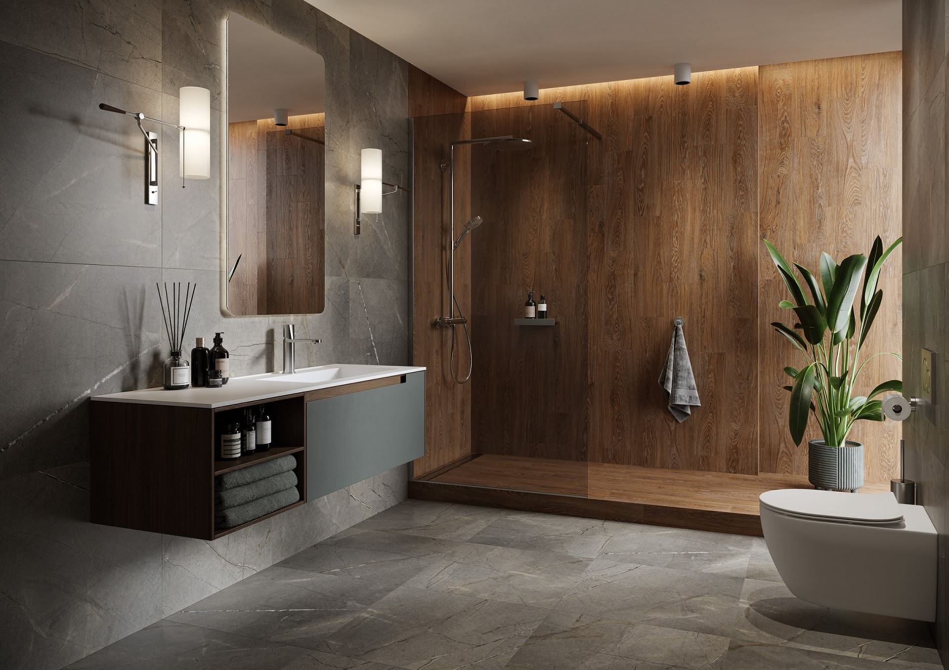 Szara łazienka z drewnem - pomysły - Domni.pl
