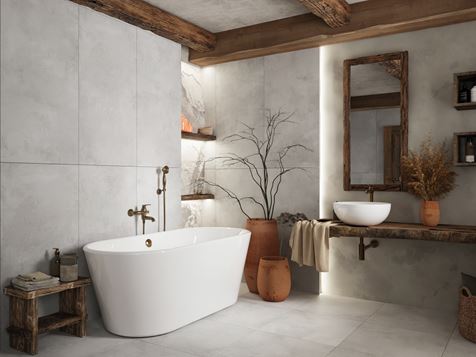 Azario Concrete w łazience z podłogą w jodełkę - Domni.pl